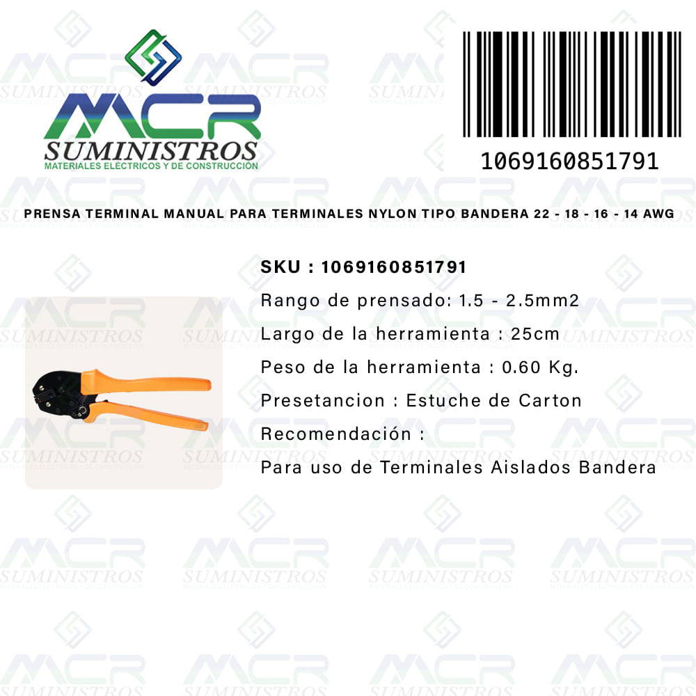 Prensa Terminal Manual para Terminales Nylon Tipo Bandera 22 - 18 - 16 ...