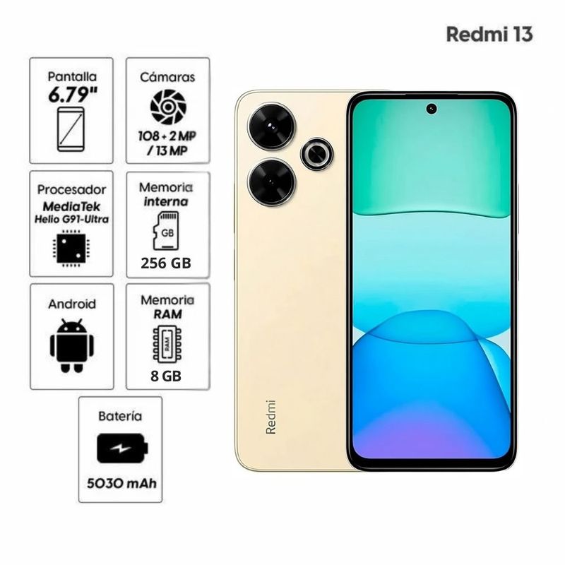 CELULAR XIAOMI REDMI 13 US 256GB 8GB RAM 108MP 6.79" SANDY GOLD - Real ...