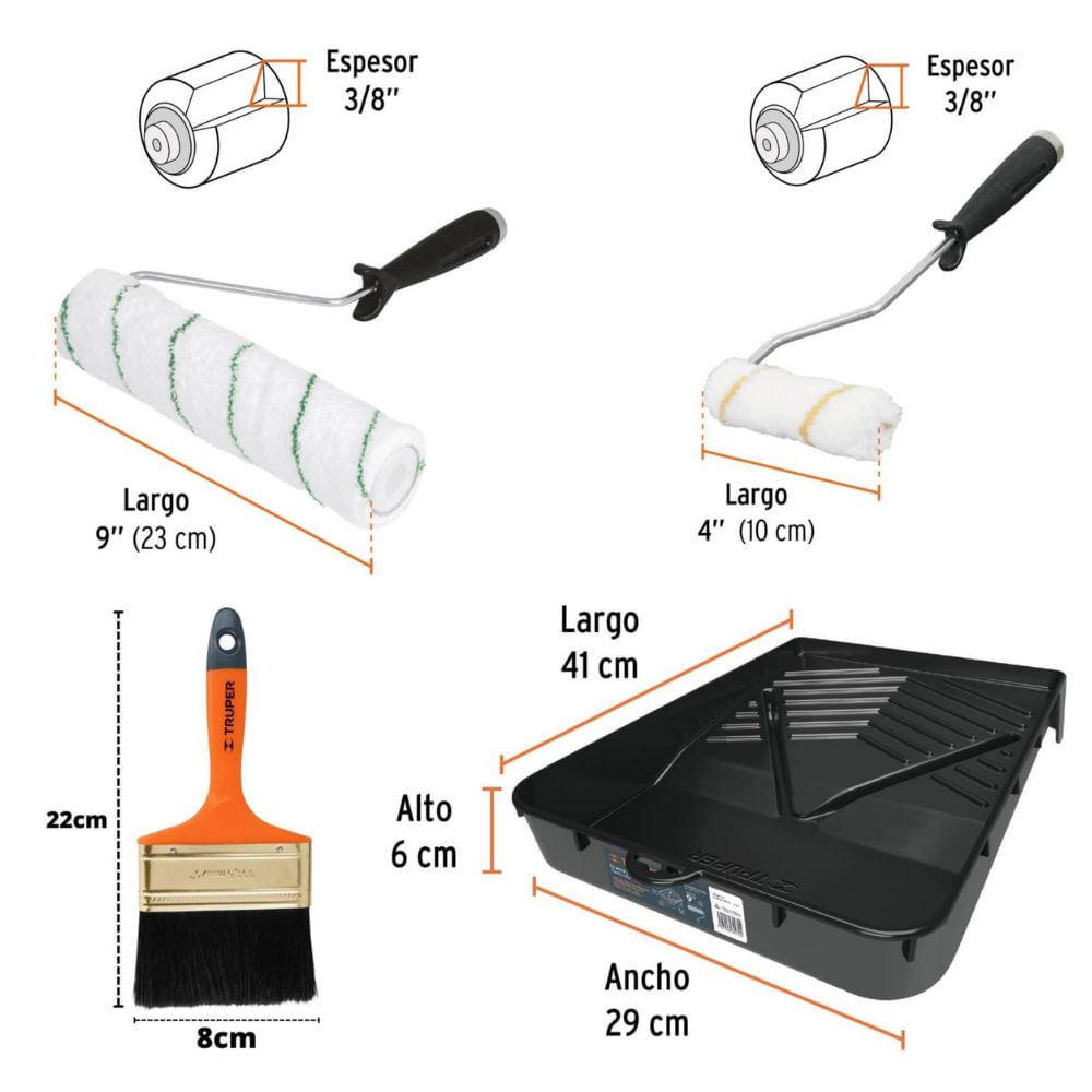 kit Rodillo para pintar 4 unidades, 1 Bandeja, 1 Brocha, TRUPER EXPERT ...